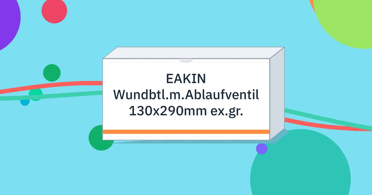 Symbolbild: Packung mit der Aufschrift EAKIN Wundbtl.m.Ablaufventil 130x290mm ex.gr. (PZN 05493289) – Verfügbarkeit und Bezug in Apotheken in Frankfurt am Main