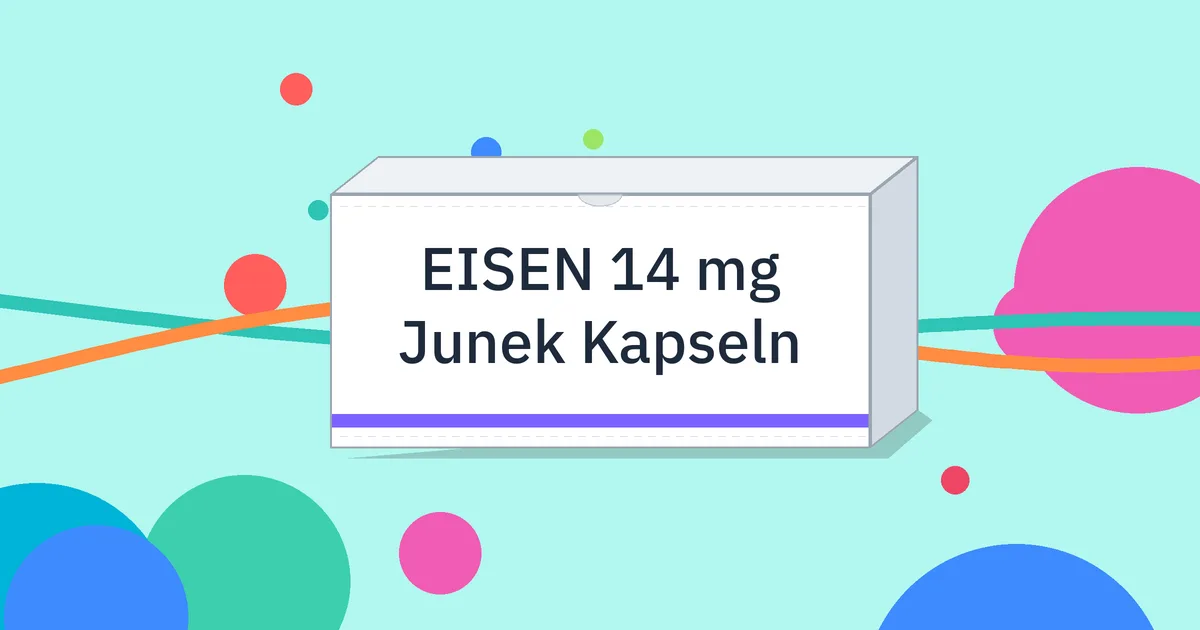 Symbolbild: Packung mit der Aufschrift EISEN 14 mg Junek Kapseln (PZN 07082969) – Verfügbarkeit und Bezug in Apotheken in Frankfurt am Main