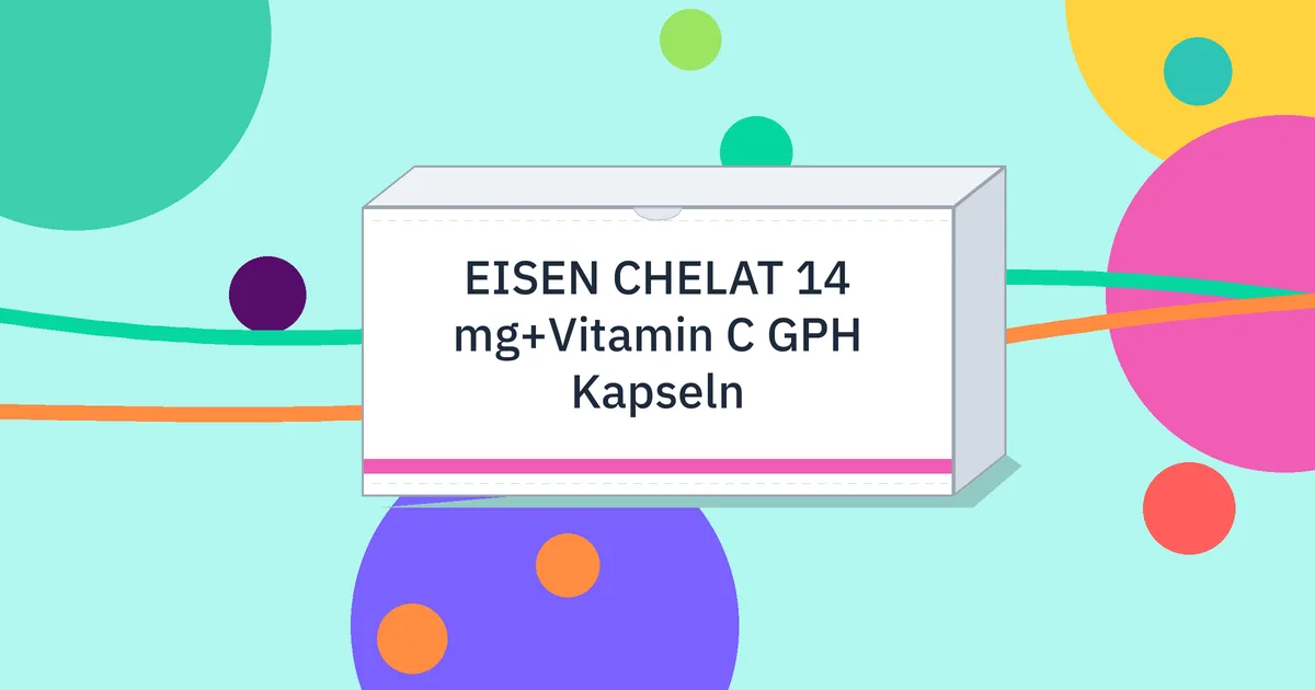 Symbolbild: Packung mit der Aufschrift EISEN CHELAT 14 mg+Vitamin C GPH Kapseln (PZN 10082335) – Verfügbarkeit und Bezug in Apotheken in Frankfurt am Main