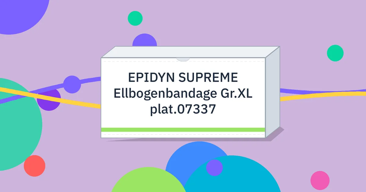 Symbolbild: Packung mit der Aufschrift EPIDYN SUPREME Ellbogenbandage Gr.XL plat.07337 (PZN 15200779) – Verfügbarkeit und Bezug in Apotheken in Frankfurt am Main