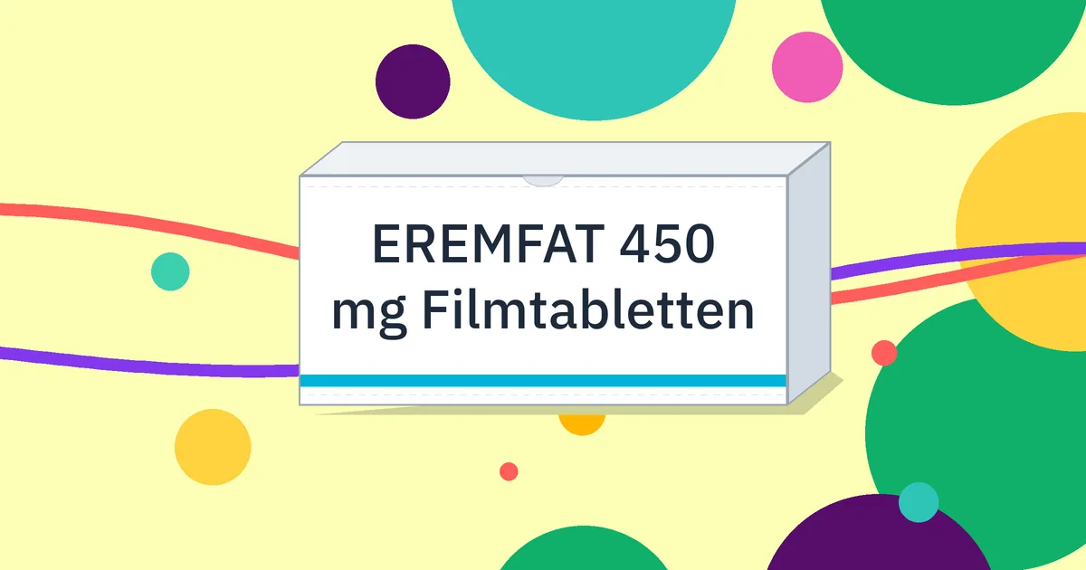 Symbolbild: Packung mit der Aufschrift EREMFAT 450 mg Filmtabletten (PZN 18883224) – Verfügbarkeit und Bezug in Apotheken in Frankfurt am Main