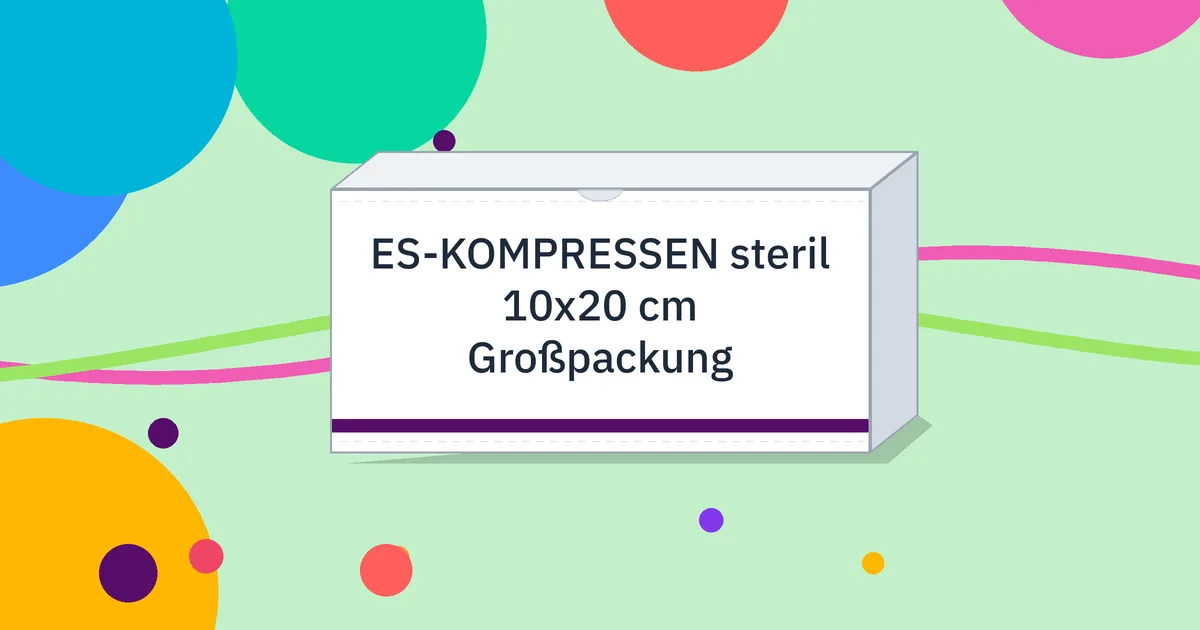 Symbolbild: Packung mit der Aufschrift ES-KOMPRESSEN steril 10x20 cm Großpackung (PZN 18715745) – Verfügbarkeit und Bezug in Apotheken in Frankfurt am Main