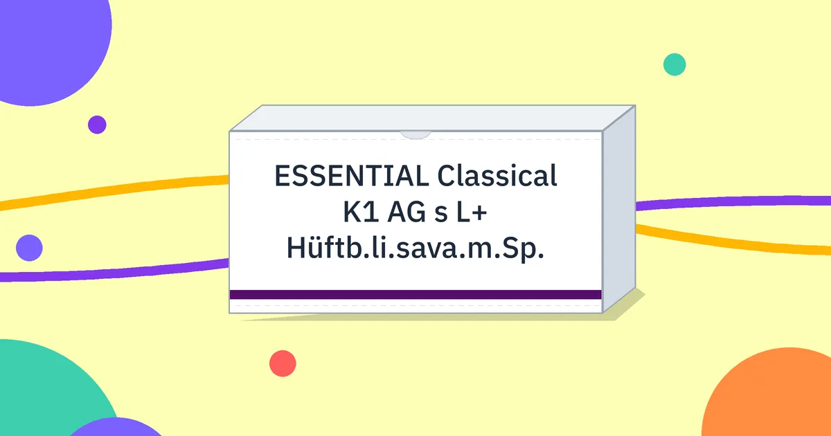 Symbolbild: Packung mit der Aufschrift ESSENTIAL Classical K1 AG s L+ Hüftb.li.sava.m.Sp. (PZN 17012792) – Verfügbarkeit und Bezug in Apotheken in Frankfurt am Main