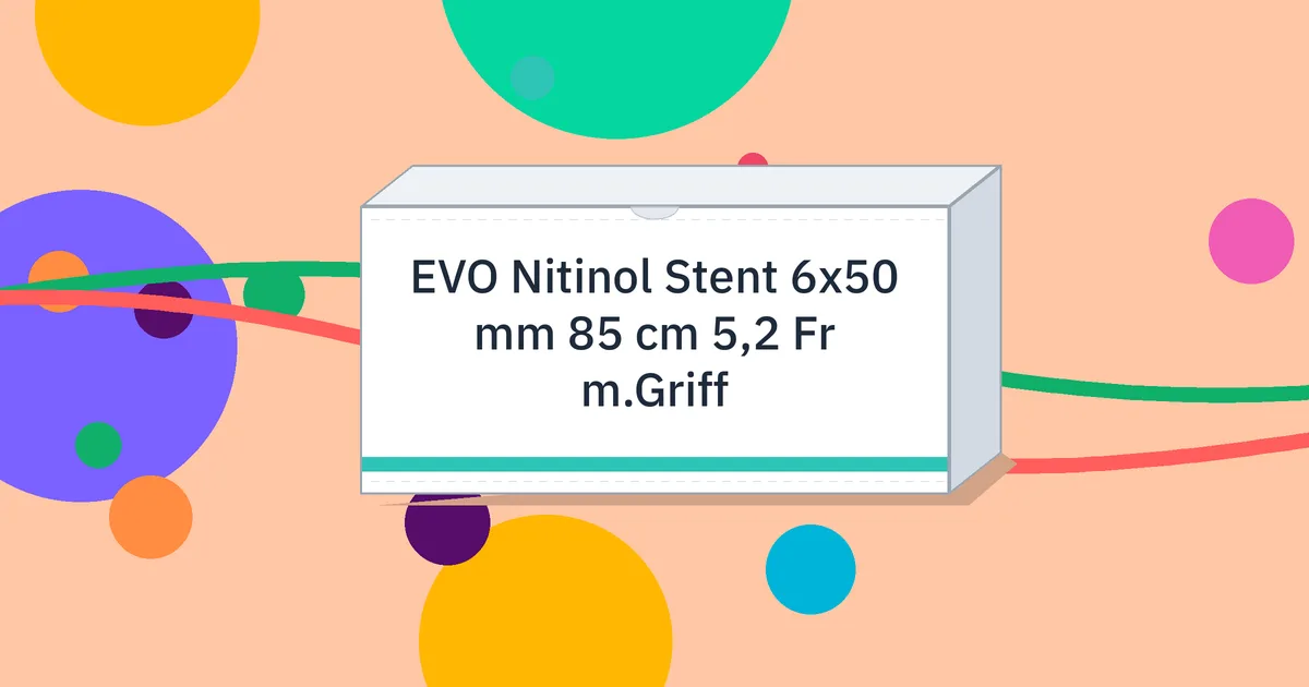 Symbolbild: Packung mit der Aufschrift EVO Nitinol Stent 6x50 mm 85 cm 5,2 Fr m.Griff (PZN 00223272) – Verfügbarkeit und Bezug in Apotheken in Frankfurt am Main