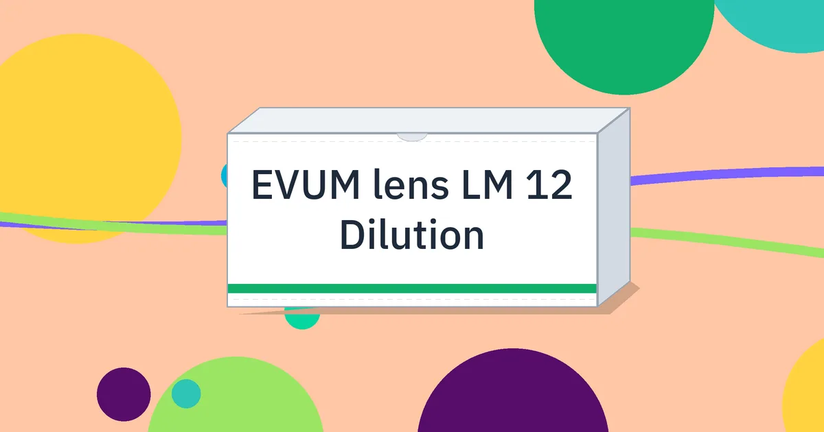 Symbolbild: Packung mit der Aufschrift EVUM lens LM 12 Dilution (PZN 13485105) – Verfügbarkeit und Bezug in Apotheken in Frankfurt am Main