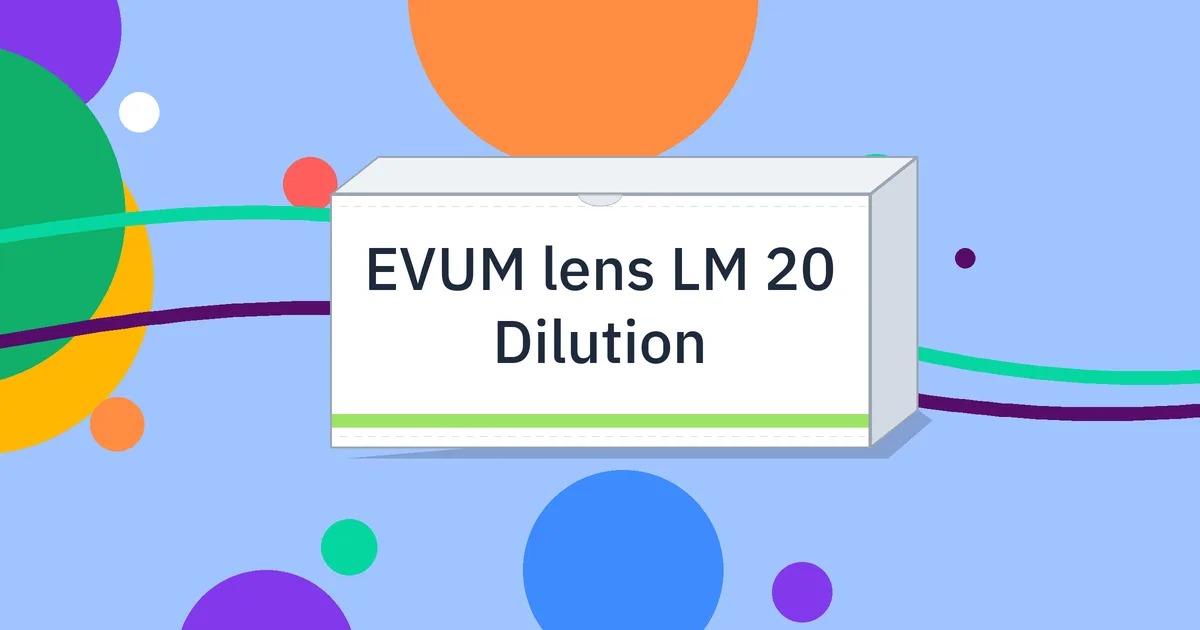 Symbolbild: Packung mit der Aufschrift EVUM lens LM 20 Dilution (PZN 13485192) – Verfügbarkeit und Bezug in Apotheken in Frankfurt am Main