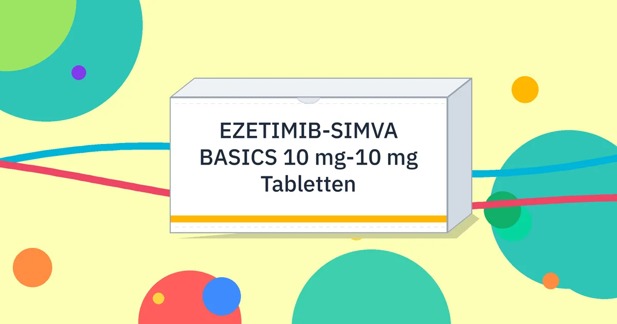 Symbolbild: Packung mit der Aufschrift EZETIMIB-SIMVA BASICS 10 mg-10 mg Tabletten (PZN 13828083) – Verfügbarkeit und Bezug in Apotheken in Frankfurt am Main