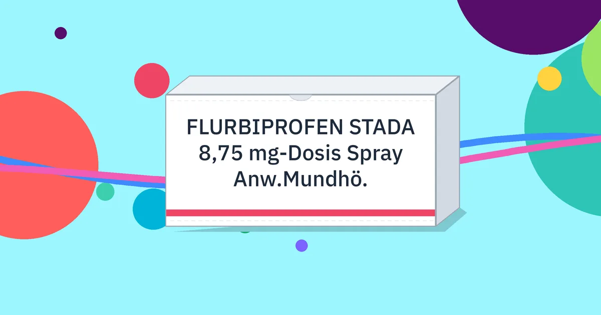 Symbolbild: Packung mit der Aufschrift FLURBIPROFEN STADA 8,75 mg-Dosis Spray Anw.Mundhö. (PZN 18701430) – Verfügbarkeit und Bezug in Apotheken in Frankfurt am Main