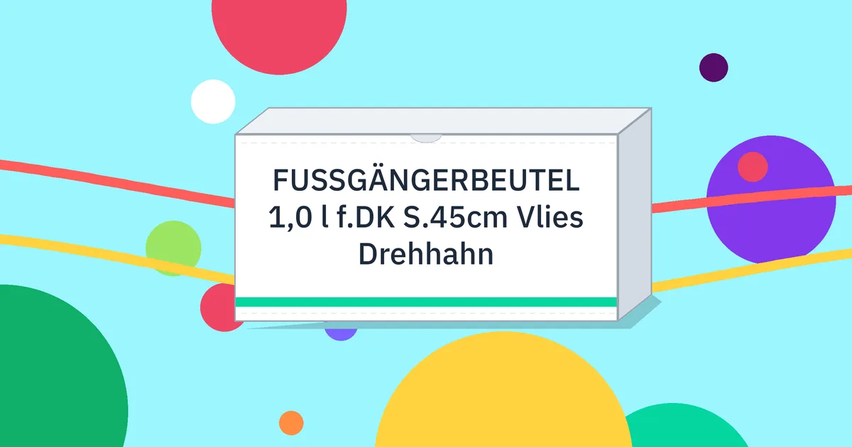 Symbolbild: Packung mit der Aufschrift FUSSGÄNGERBEUTEL 1,0 l f.DK S.45cm Vlies Drehhahn (PZN 06096716) – Verfügbarkeit und Bezug in Apotheken in Frankfurt am Main