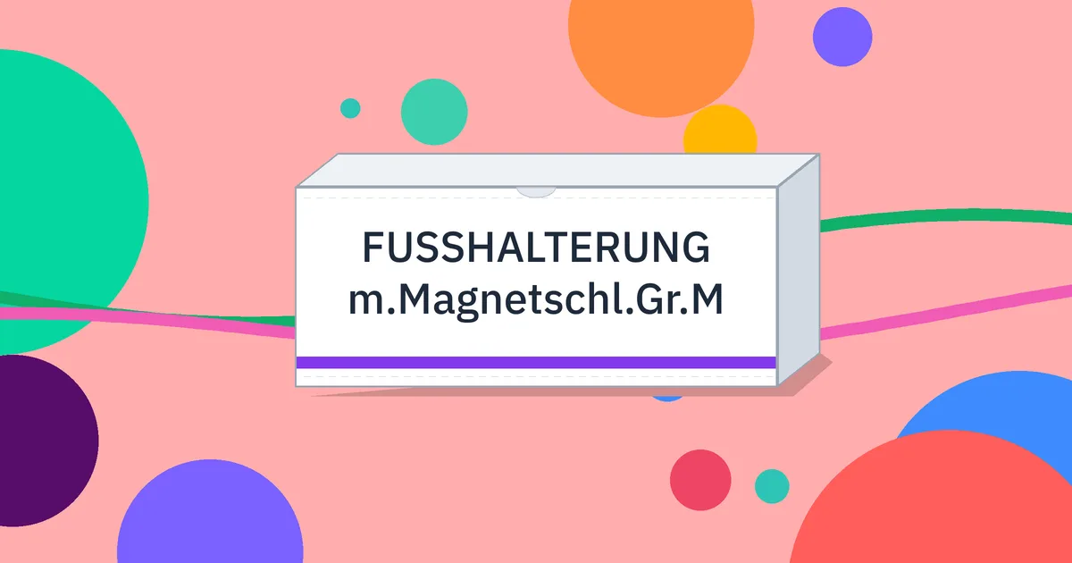 Symbolbild: Packung mit der Aufschrift FUSSHALTERUNG m.Magnetschl.Gr.M (PZN 09168014) – Verfügbarkeit und Bezug in Apotheken in Frankfurt am Main