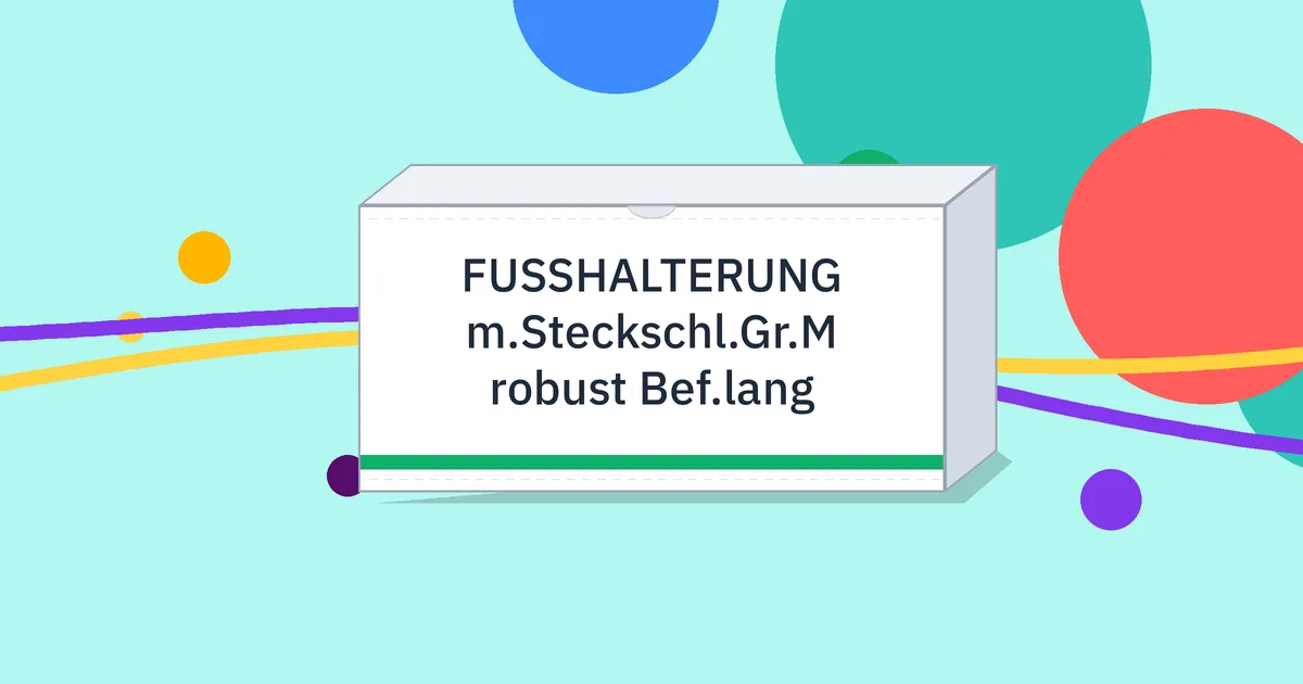 Symbolbild: Packung mit der Aufschrift FUSSHALTERUNG m.Steckschl.Gr.M robust Bef.lang (PZN 11568637) – Verfügbarkeit und Bezug in Apotheken in Frankfurt am Main