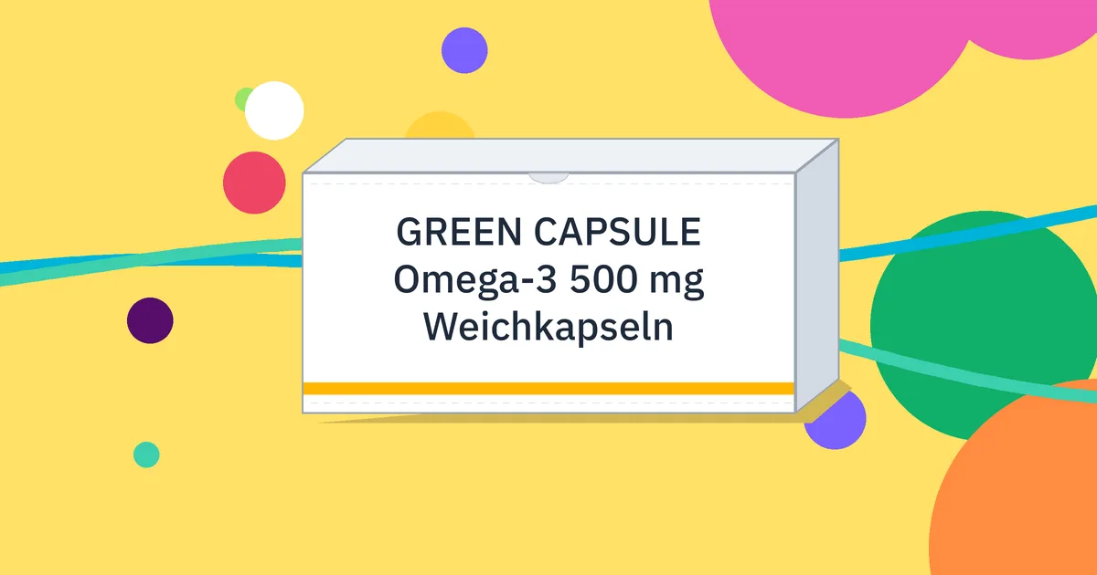 Symbolbild: Packung mit der Aufschrift GREEN CAPSULE Omega-3 500 mg Weichkapseln (PZN 18243074) – Verfügbarkeit und Bezug in Apotheken in Frankfurt am Main