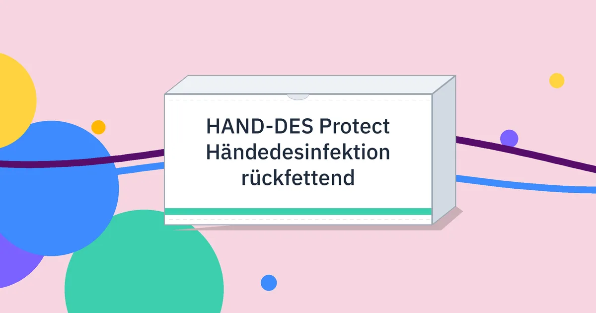 Symbolbild: Packung mit der Aufschrift HAND-DES Protect Händedesinfektion rückfettend (PZN 07777134) – Verfügbarkeit und Bezug in Apotheken in Frankfurt am Main
