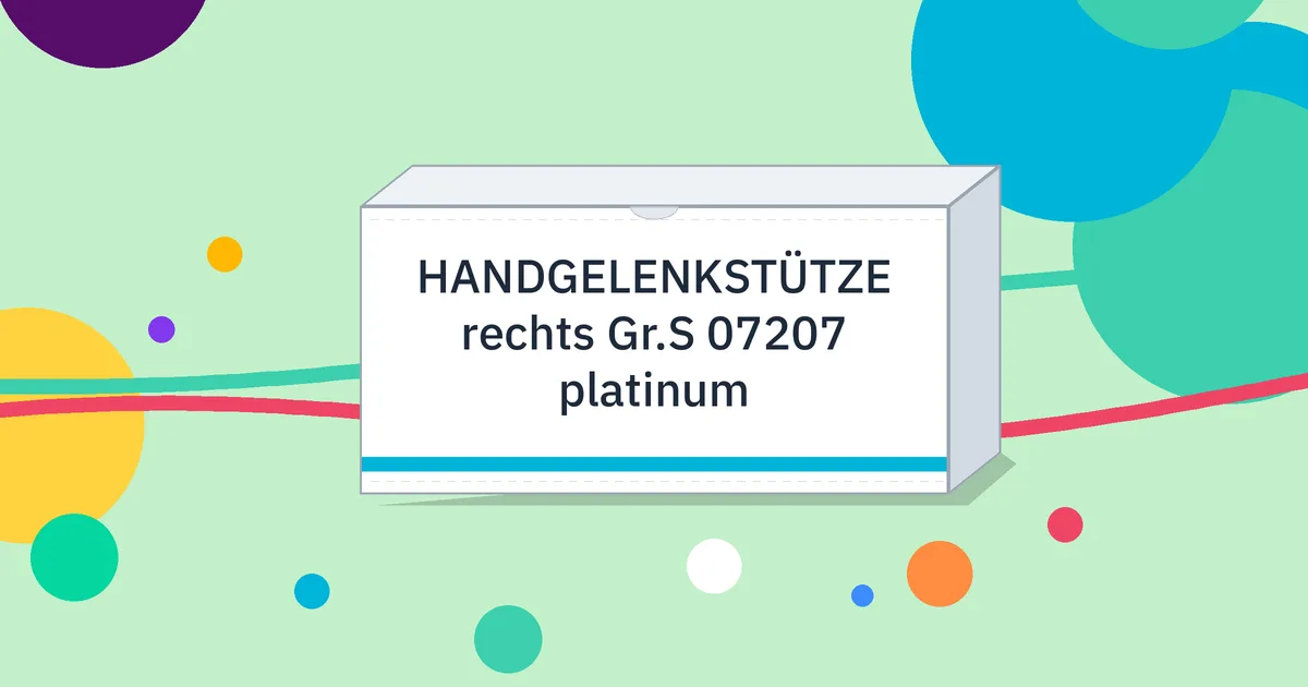 Symbolbild: Packung mit der Aufschrift HANDGELENKSTÜTZE rechts Gr.S 07207 platinum (PZN 19450800) – Verfügbarkeit und Bezug in Apotheken in Frankfurt am Main