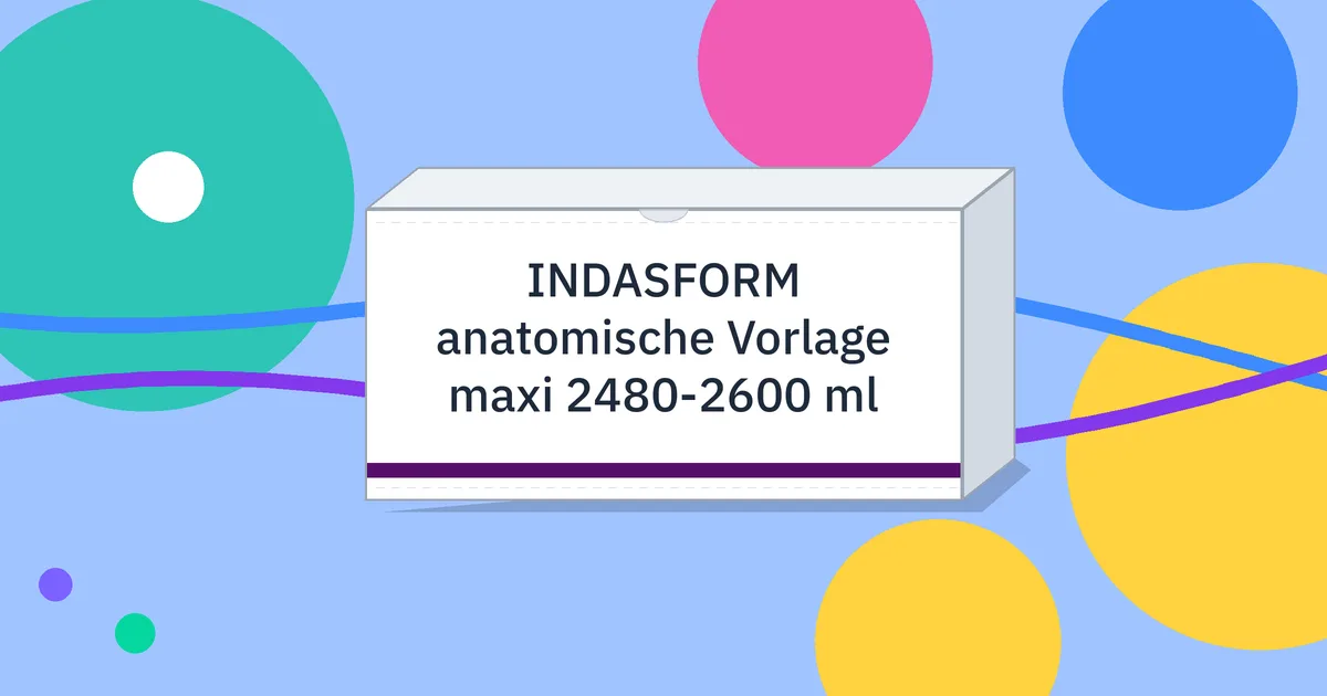 Symbolbild: Packung mit der Aufschrift INDASFORM anatomische Vorlage maxi 2480-2600 ml (PZN 09922907) – Verfügbarkeit und Bezug in Apotheken in Frankfurt am Main