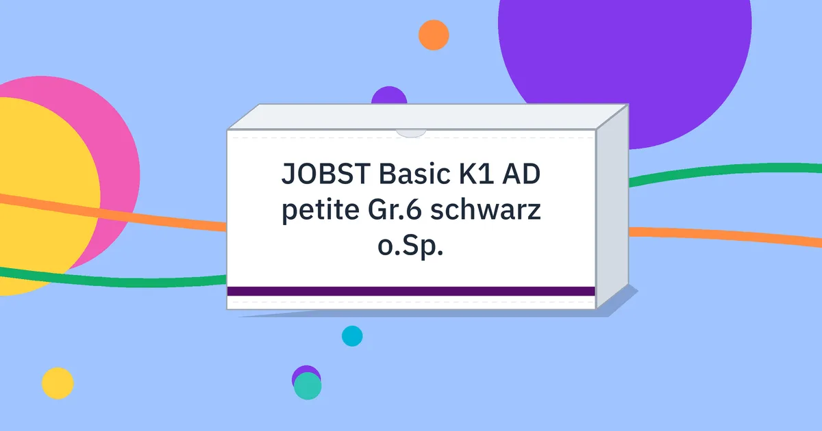 Symbolbild: Packung mit der Aufschrift JOBST Basic K1 AD petite Gr.6 schwarz o.Sp. (PZN 15310723) – Verfügbarkeit und Bezug in Apotheken in Frankfurt am Main