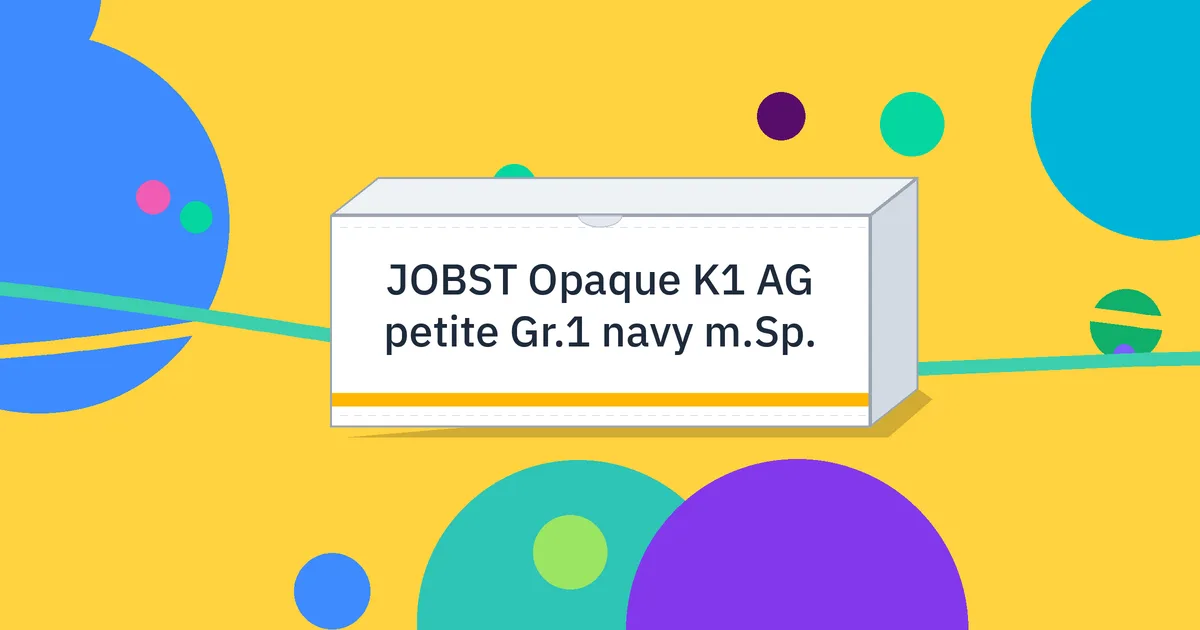Symbolbild: Packung mit der Aufschrift JOBST Opaque K1 AG petite Gr.1 navy m.Sp. (PZN 13084168) – Verfügbarkeit und Bezug in Apotheken in Frankfurt am Main