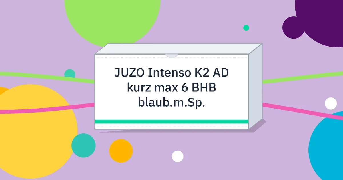 Symbolbild: Packung mit der Aufschrift JUZO Intenso K2 AD kurz max 6 BHB blaub.m.Sp. (PZN 18615788) – Verfügbarkeit und Bezug in Apotheken in Frankfurt am Main
