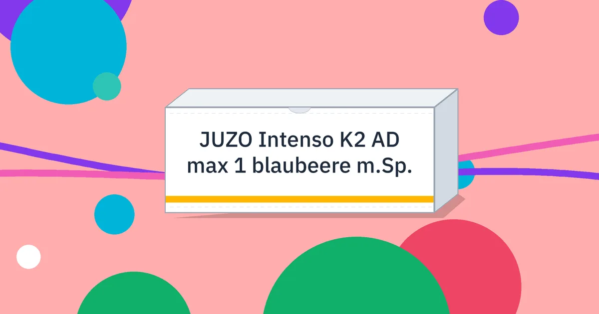 Symbolbild: Packung mit der Aufschrift JUZO Intenso K2 AD max 1 blaubeere m.Sp. (PZN 18609262) – Verfügbarkeit und Bezug in Apotheken in Frankfurt am Main