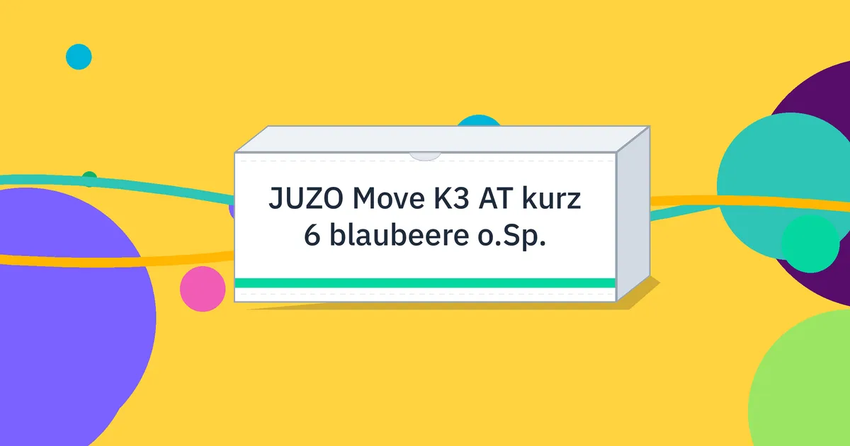 Symbolbild: Packung mit der Aufschrift JUZO Move K3 AT kurz 6 blaubeere o.Sp. (PZN 20684779) – Verfügbarkeit und Bezug in Apotheken in Frankfurt am Main