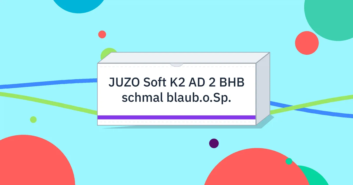 Symbolbild: Packung mit der Aufschrift JUZO Soft K2 AD 2 BHB schmal blaub.o.Sp. (PZN 15467152) – Verfügbarkeit und Bezug in Apotheken in Frankfurt am Main
