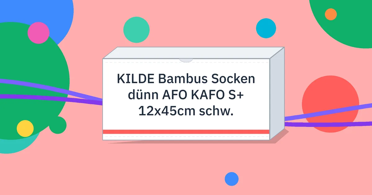 Symbolbild: Packung mit der Aufschrift KILDE Bambus Socken dünn AFO KAFO S+ 12x45cm schw. (PZN 20798520) – Verfügbarkeit und Bezug in Apotheken in Frankfurt am Main