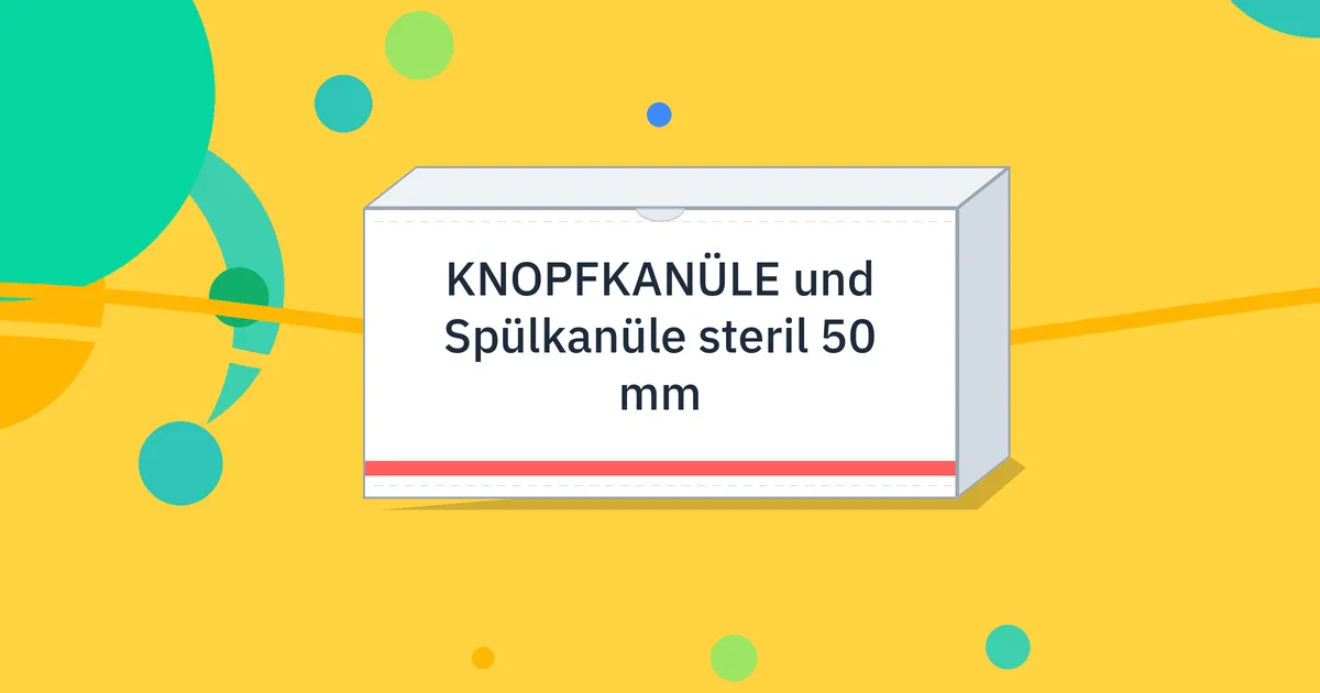 Symbolbild: Packung mit der Aufschrift KNOPFKANÜLE und Spülkanüle steril 50 mm (PZN 18832787) – Verfügbarkeit und Bezug in Apotheken in Frankfurt am Main