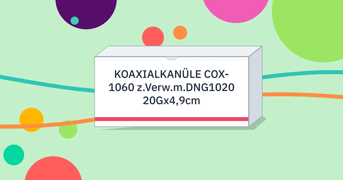 Symbolbild: Packung mit der Aufschrift KOAXIALKANÜLE COX-1060 z.Verw.m.DNG1020 20Gx4,9cm (PZN 00284061) – Verfügbarkeit und Bezug in Apotheken in Frankfurt am Main