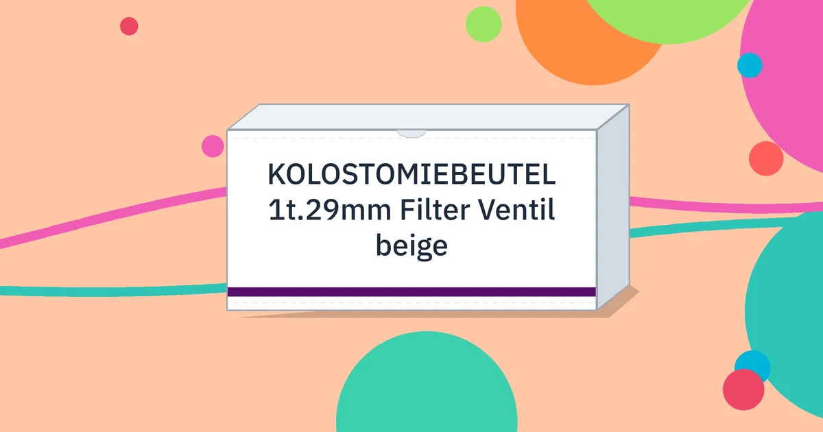 Symbolbild: Packung mit der Aufschrift KOLOSTOMIEBEUTEL 1t.29mm Filter Ventil beige (PZN 14273411) – Verfügbarkeit und Bezug in Apotheken in Frankfurt am Main