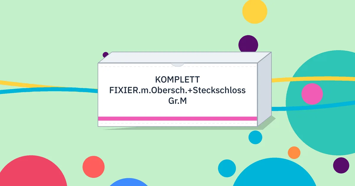 Symbolbild: Packung mit der Aufschrift KOMPLETT FIXIER.m.Obersch.+Steckschloss Gr.M (PZN 11574046) – Verfügbarkeit und Bezug in Apotheken in Frankfurt am Main