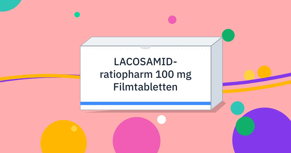 Symbolbild: Packung mit der Aufschrift LACOSAMID-ratiopharm 100 mg Filmtabletten (PZN 14308693) – Verfügbarkeit und Bezug in Apotheken in Frankfurt am Main