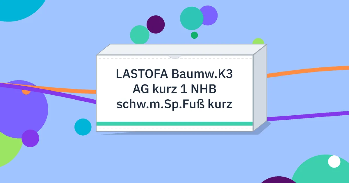 Symbolbild: Packung mit der Aufschrift LASTOFA Baumw.K3 AG kurz 1 NHB schw.m.Sp.Fuß kurz (PZN 01955592) – Verfügbarkeit und Bezug in Apotheken in Frankfurt am Main