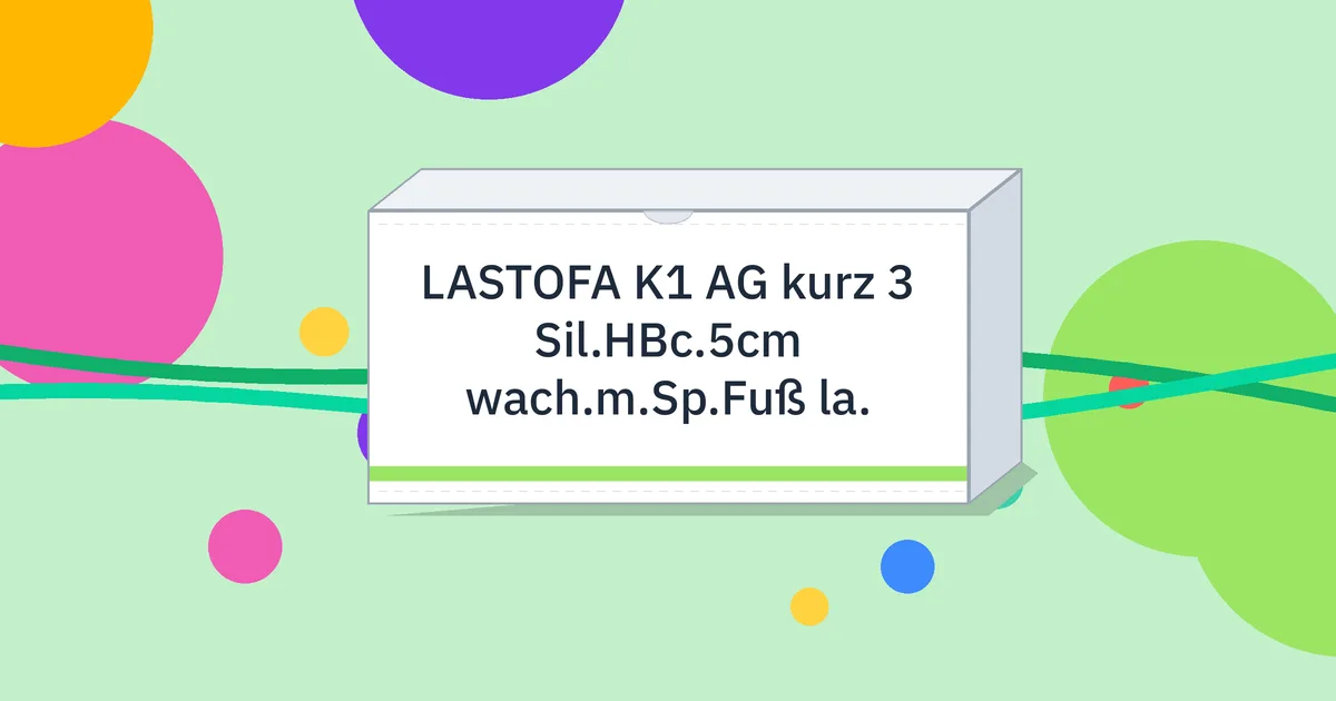 Symbolbild: Packung mit der Aufschrift LASTOFA K1 AG kurz 3 Sil.HBc.5cm wach.m.Sp.Fuß la. (PZN 13791150) – Verfügbarkeit und Bezug in Apotheken in Frankfurt am Main