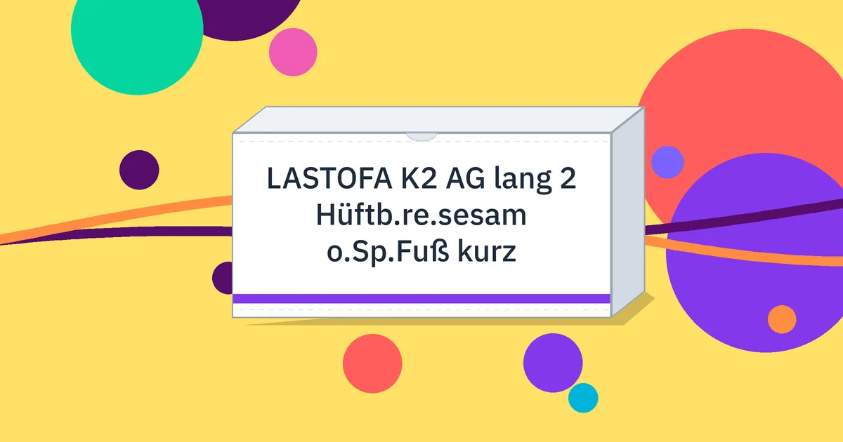 Symbolbild: Packung mit der Aufschrift LASTOFA K2 AG lang 2 Hüftb.re.sesam o.Sp.Fuß kurz (PZN 13810953) – Verfügbarkeit und Bezug in Apotheken in Frankfurt am Main