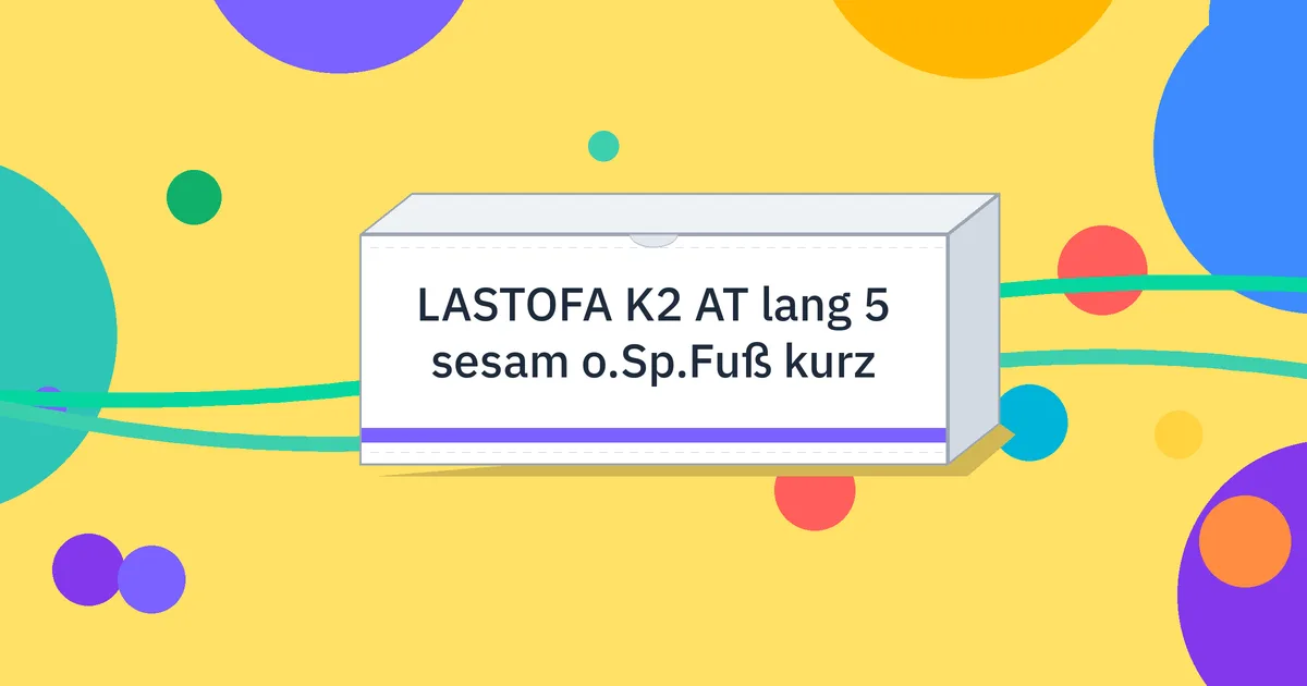 Symbolbild: Packung mit der Aufschrift LASTOFA K2 AT lang 5 sesam o.Sp.Fuß kurz (PZN 13809855) – Verfügbarkeit und Bezug in Apotheken in Frankfurt am Main