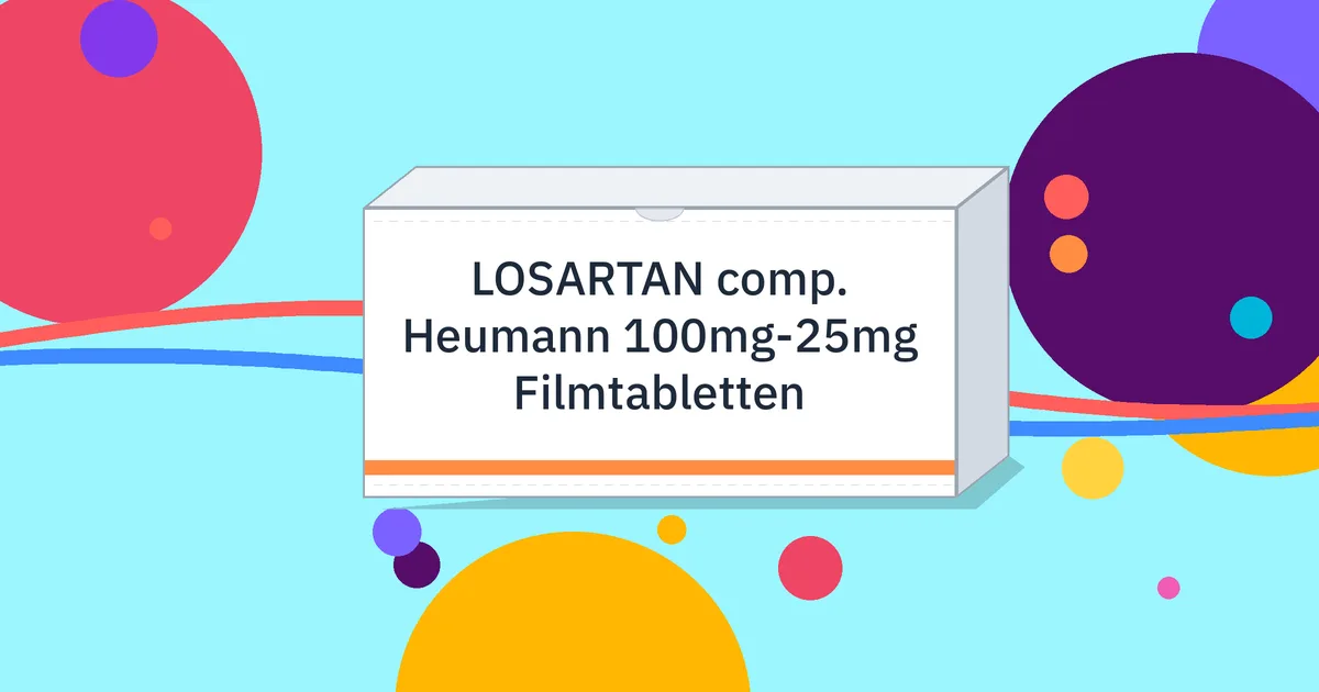 Symbolbild: Packung mit der Aufschrift LOSARTAN comp. Heumann 100mg-25mg Filmtabletten (PZN 06142014) – Verfügbarkeit und Bezug in Apotheken in Frankfurt am Main
