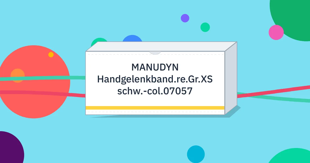Symbolbild: Packung mit der Aufschrift MANUDYN Handgelenkband.re.Gr.XS schw.-col.07057 (PZN 06727269) – Verfügbarkeit und Bezug in Apotheken in Frankfurt am Main
