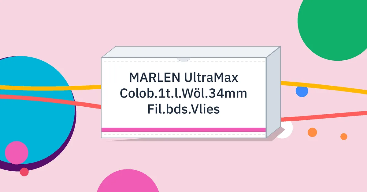 Symbolbild: Packung mit der Aufschrift MARLEN UltraMax Colob.1t.l.Wöl.34mm Fil.bds.Vlies (PZN 05354524) – Verfügbarkeit und Bezug in Apotheken in Frankfurt am Main
