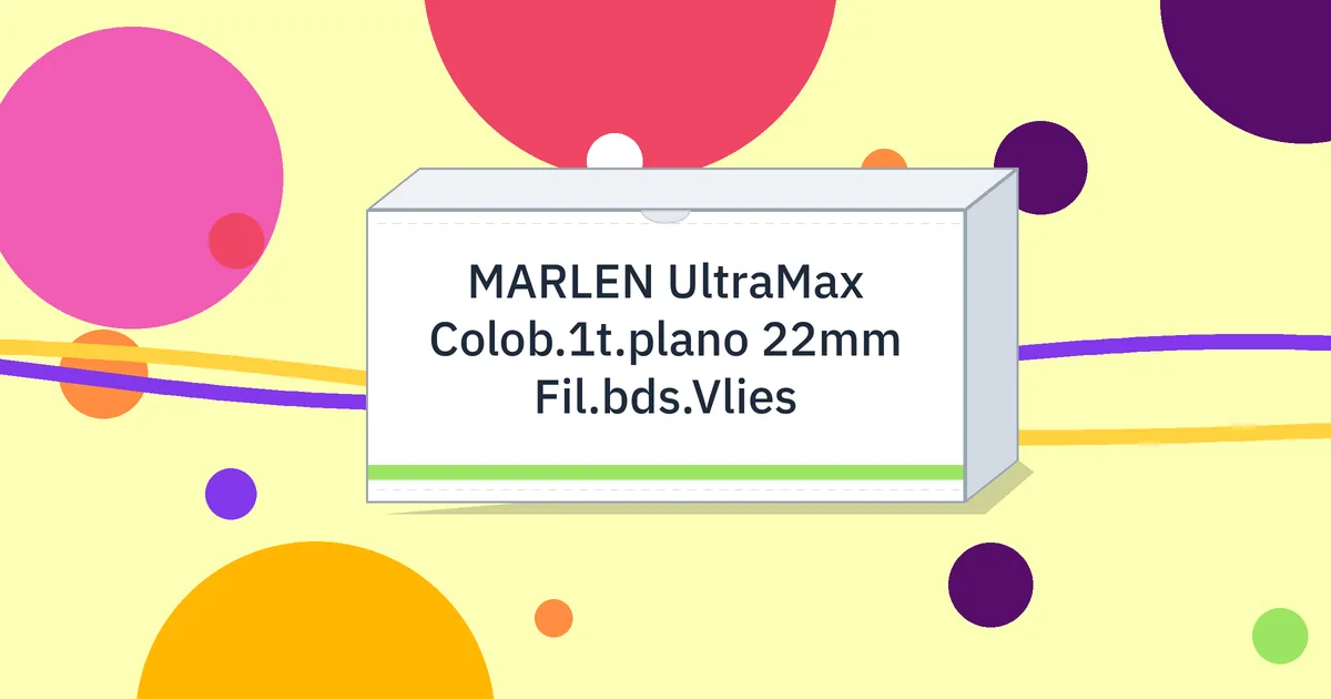 Symbolbild: Packung mit der Aufschrift MARLEN UltraMax Colob.1t.plano 22mm Fil.bds.Vlies (PZN 05354530) – Verfügbarkeit und Bezug in Apotheken in Frankfurt am Main
