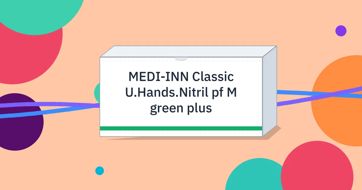 Symbolbild: Packung mit der Aufschrift MEDI-INN Classic U.Hands.Nitril pf M green plus (PZN 18445352) – Verfügbarkeit und Bezug in Apotheken in Frankfurt am Main