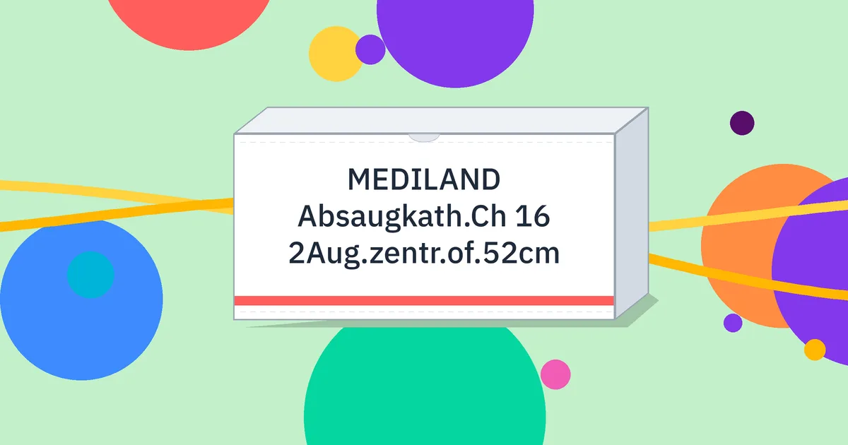Symbolbild: Packung mit der Aufschrift MEDILAND Absaugkath.Ch 16 2Aug.zentr.of.52cm (PZN 01156715) – Verfügbarkeit und Bezug in Apotheken in Frankfurt am Main