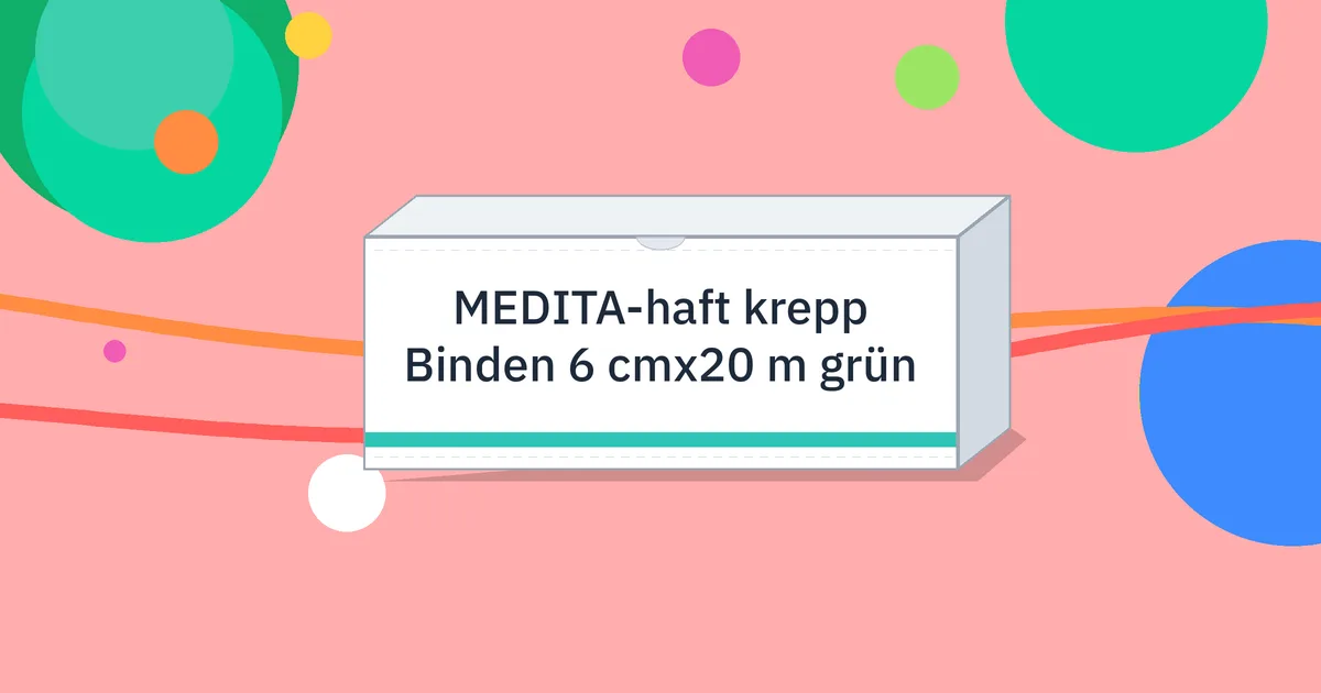 Symbolbild: Packung mit der Aufschrift MEDITA-haft krepp Binden 6 cmx20 m grün (PZN 19452070) – Verfügbarkeit und Bezug in Apotheken in Frankfurt am Main