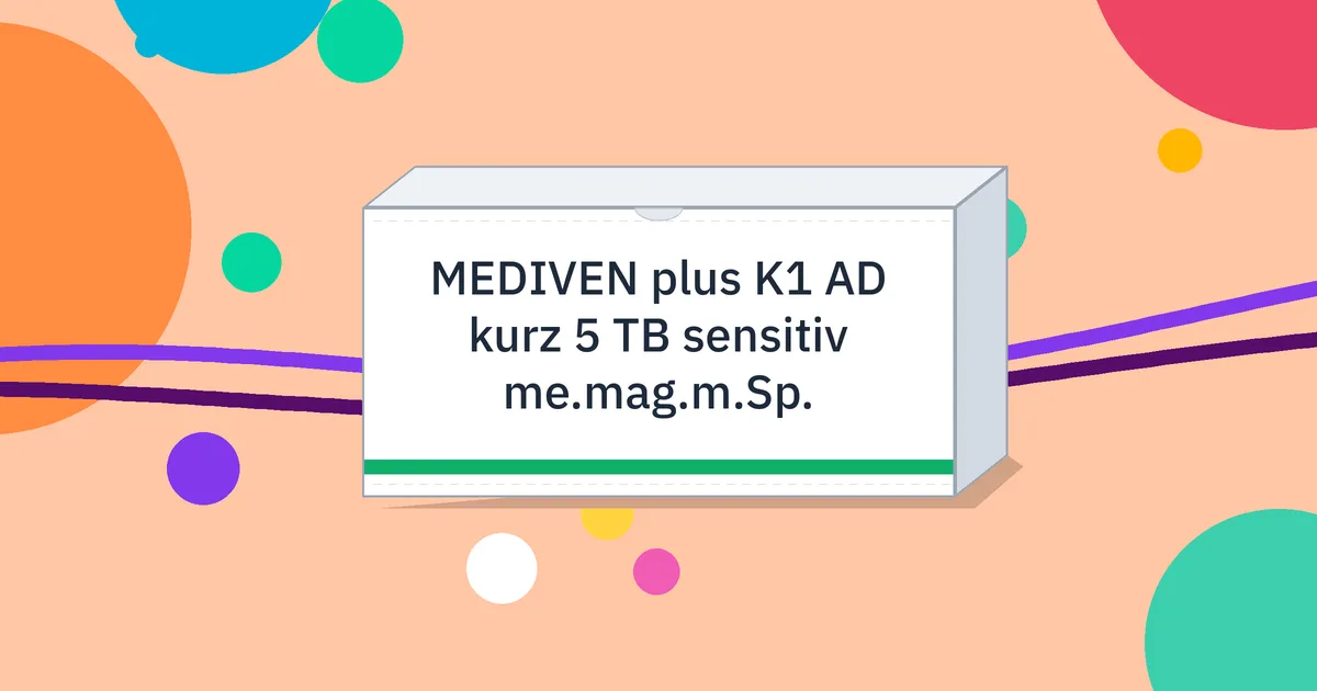 Symbolbild: Packung mit der Aufschrift MEDIVEN plus K1 AD kurz 5 TB sensitiv me.mag.m.Sp. (PZN 15053746) – Verfügbarkeit und Bezug in Apotheken in Frankfurt am Main
