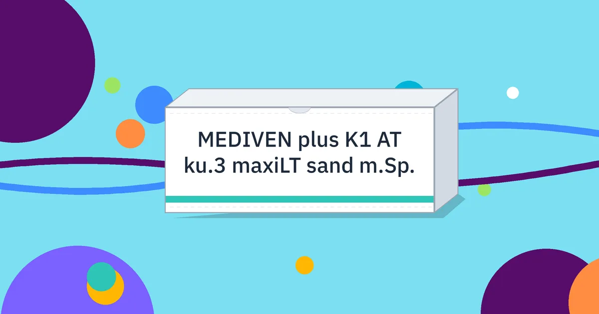 Symbolbild: Packung mit der Aufschrift MEDIVEN plus K1 AT ku.3 maxiLT sand m.Sp. (PZN 18942777) – Verfügbarkeit und Bezug in Apotheken in Frankfurt am Main