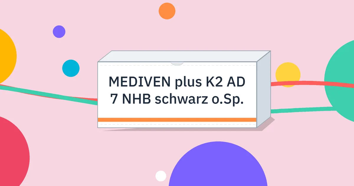 Symbolbild: Packung mit der Aufschrift MEDIVEN plus K2 AD 7 NHB schwarz o.Sp. (PZN 15937706) – Verfügbarkeit und Bezug in Apotheken in Frankfurt am Main