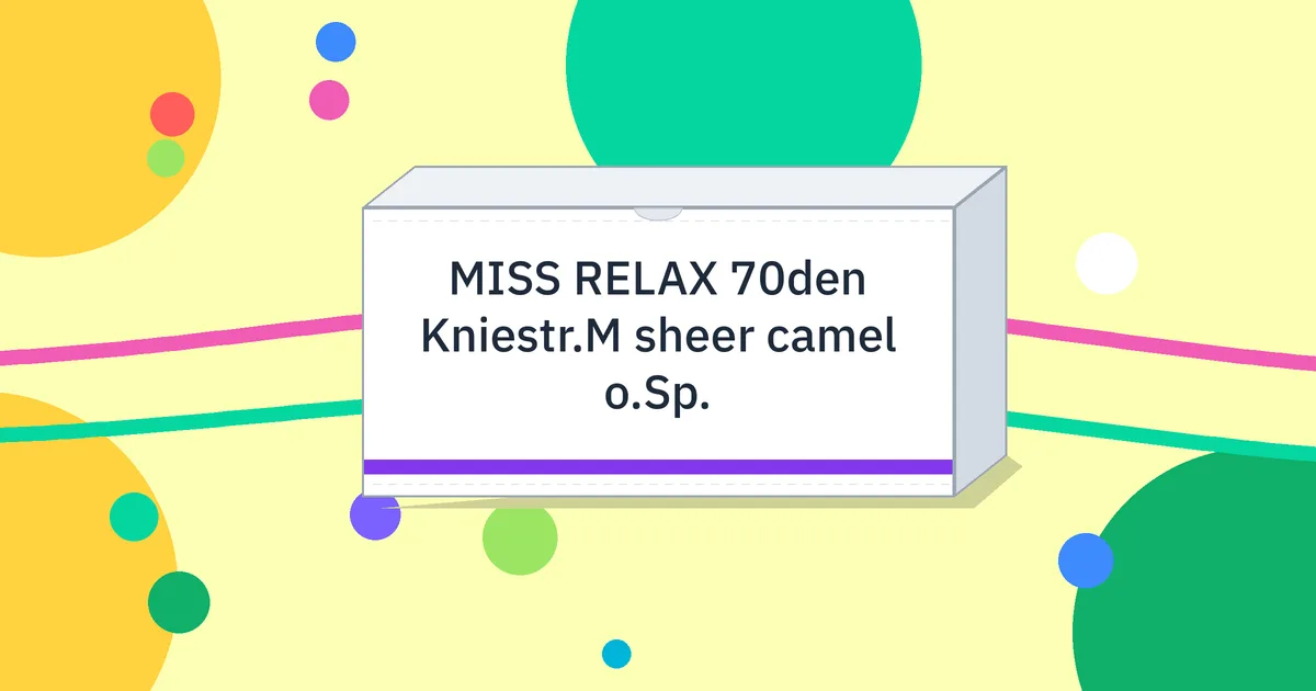 Symbolbild: Packung mit der Aufschrift MISS RELAX 70den Kniestr.M sheer camel o.Sp. (PZN 20289770) – Verfügbarkeit und Bezug in Apotheken in Frankfurt am Main