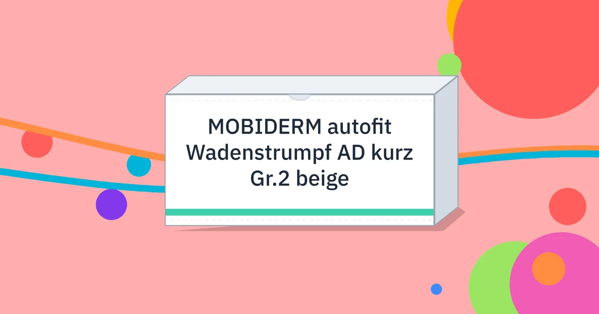 Symbolbild: Packung mit der Aufschrift MOBIDERM autofit Wadenstrumpf AD kurz Gr.2 beige (PZN 19742081) – Verfügbarkeit und Bezug in Apotheken in Frankfurt am Main