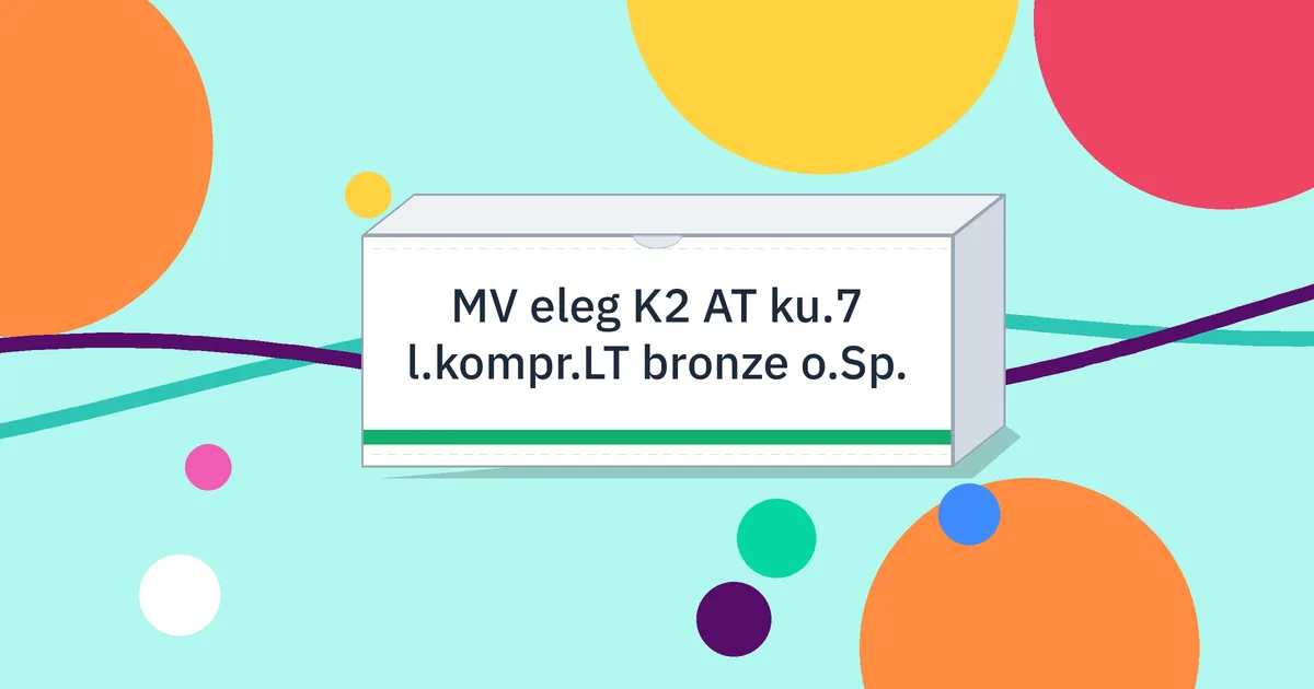Symbolbild: Packung mit der Aufschrift MV eleg K2 AT ku.7 l.kompr.LT bronze o.Sp. (PZN 15287562) – Verfügbarkeit und Bezug in Apotheken in Frankfurt am Main