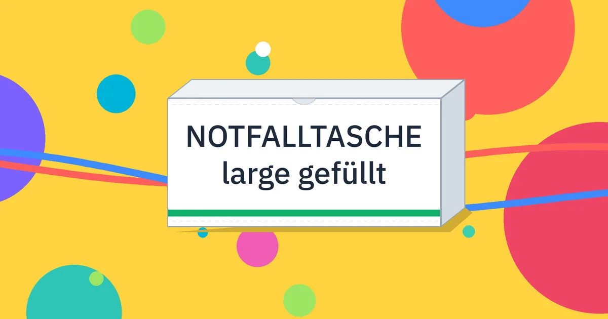 Symbolbild: Packung mit der Aufschrift NOTFALLTASCHE large gefüllt (PZN 09274377) – Verfügbarkeit und Bezug in Apotheken in Frankfurt am Main