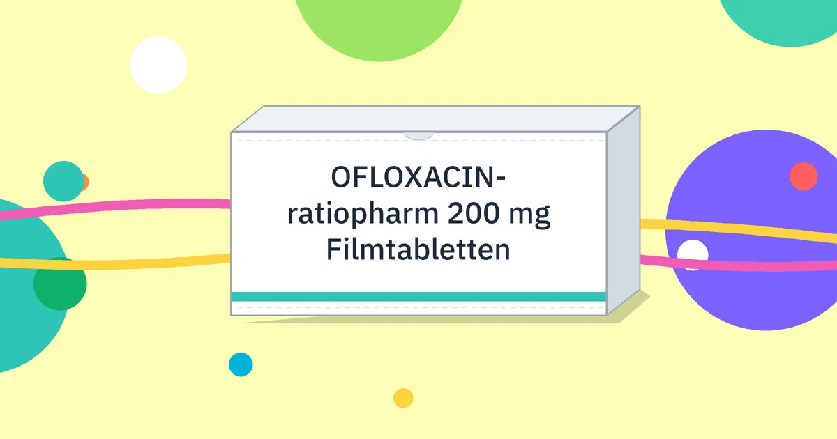 Symbolbild: Packung mit der Aufschrift OFLOXACIN-ratiopharm 200 mg Filmtabletten (PZN 01567393) – Verfügbarkeit und Bezug in Apotheken in Frankfurt am Main